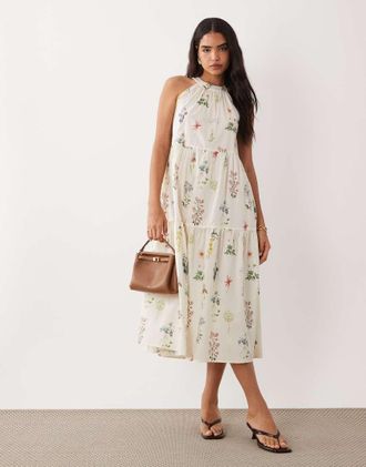 Vila Gestuftes Neckholder-Maxikleid in Cremewei&szlig; mit Gartenblumenmuster