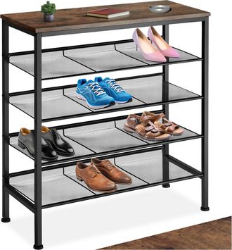 TecTake 800948 Schuhregal schmal mit Ablagefläche, Schuhablage aus Holz Metall, Industrie-Design, 5 Ebenen mit 4 Gitterablagen, 75,5 x 30,5 x 85,5cm, schwarze