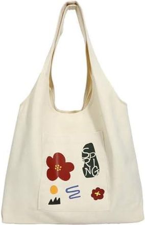 Generic Sac &agrave; bandouli&egrave;re polyvalent en toile de grande capacit&eacute;, sac d&eacute;picerie r&eacute;utilisable pour femme, sac &agrave; main motif fleurs de dessin anim&eacute;, Rouge, White