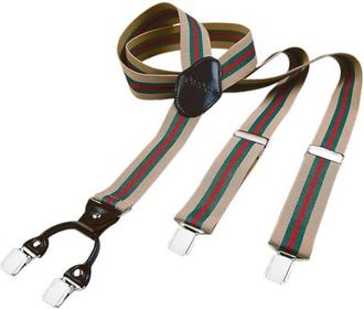 DonDon bretelles hommes larges 3,5 cm avec 4 clips extra-fortes et patch en cuir marron - beige à rayures