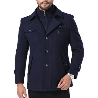Generic Caban dhiver &eacute;l&eacute;gant en laine m&eacute;lang&eacute;e &agrave; simple boutonnage militaire d&eacute;contract&eacute; automne hiver caban chaud et doux pour homme, bleu marine, 3XL