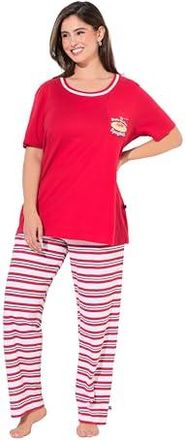 Ulla Popken Femme Grandes Tailles Pyjama 2 pi&egrave;ces, Pantalon ray&eacute; avec Poches, Haut col Rond et Manches Courtes Salsa 42+ 834797530-42+