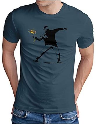 OM3 T-shirt Banksy Flower Thrower | Homme | Urban Street II Art Peace Graffiti Punk Indie Social Critique Swag | S &agrave; 4XL, denim, L