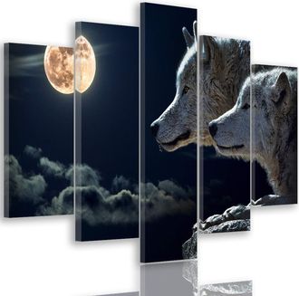 Feeby Leinwandbild - 5 Teile - Bilder, Wand Bild, Wandbilder, Kunstdruck XXL, 5-Teilig, Typ A, 150x100 cm, WOLF, NATUR, GRAU