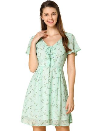Allegra K Damen V-Ausschnitt Lace-up Blumen Minikleid Kurzarm Volant Chiffon Kleid Hellgr&uuml;n M