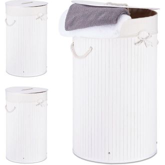 Relaxdays 3 x W&auml;schekorb Bambus, faltbare W&auml;schetonne mit Deckel, Volumen 70 Liter, W&auml;schesack Baumwolle, rund &Oslash; 41 cm, wei&szlig;