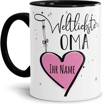 Tassendruck Keramik Tasse - Weltliebste Oma - zum selbst gestalten mit Name - Geschenk für die beste Oma - Innen & Henkel Schwarz, 300 ml
