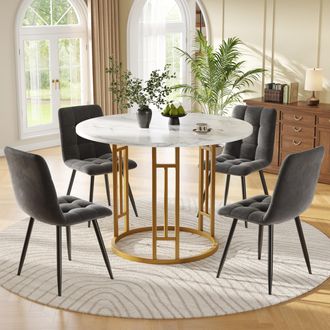 Generic Essgruppe 5-teilig f&uuml;r 4 Personen 80&times;80&times;76cm Runder Esstisch mit 4 St&uuml;hlen Set MDF-Marmor-Tischplatte Goldenen Metallbeinen Sitzgruppe f&uuml;r Esszimmer W