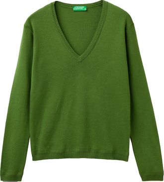 Benetton Damen T-Shirt V-Ausschnitt M/L 1091D4625 Pullover, Waldgrün 2g3, XS