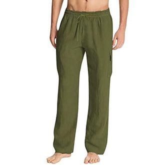 Generic Pantalon d&eacute;t&eacute; en lin pour homme - Pantalon en tissu avec poches - Pantalon de plage avec cordon de serrage - Jambes droites - Pantalon de jogging - Pa