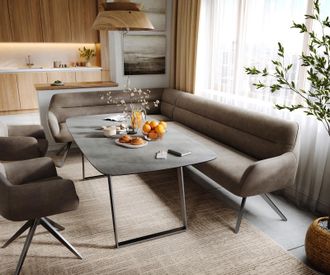 DELIFE Esszimmerbank Taya-Flex 285x190 cm Mikrofaser Taupe Vintage Kreuzgestell kantig Graphit Taschenfederkern Rechts, Eckb&auml;nke