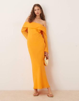 Asos Schulterfreies Midikleid in Orange mit umgeschlagenem Ausschnitt