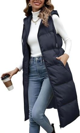 Fengbay Longue Doudoune Sans Manches Femme, L&eacute;g&egrave;re Chaude Gilet Sans Manche avec Capuche,Cordons de Serrage et Poches Lat&eacute;rales Automne et Hiver Manteau Chic