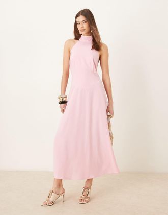 Pretty Lavish Robe longueur mollet en cr&ecirc;pe &agrave; taille basse - Rose pivoine