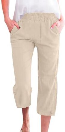 Generic Ydsxlp Pantalon d&eacute;t&eacute; en coton et lin pour femme - Couleur unie - Taille &eacute;lastique - Pantalon capri grande taille - Pantalon ample &agrave; jambe droite - Pan