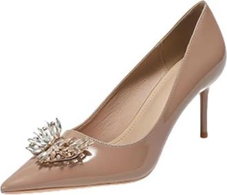 Generic Femmes Sexy Bout Pointu Talons Hauts Escarpins Cuir Verni Escarpins Escarpins Strass Bow Soir&eacute;e Stilettos Robe de Mari&eacute;e, Nude 1 96 5 cm, 37.5/38.5 EU