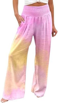 Generic Pantalon en coton et lin pour femme - Jambe large - Pantalon de plage d&eacute;t&eacute; confortable - Pantalon de yoga Palazzo - XIYU26091, rose, XXL