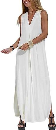 Onsoyours Robe Longue Femme Été Sexy Fendues T Shirt Robe Boho Dress Col en V sans Manches Casual Couleur Unie Maxi Robe De Plage Vacances Grande Taille Chic El
