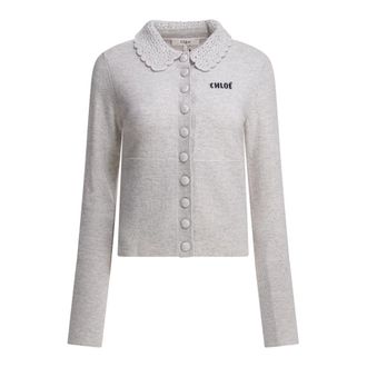 Chlo&eacute; Femme, Pulls, Gris, Taille: 40 FR Fitted Logo Cardigan