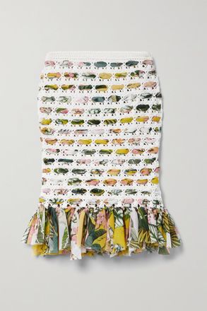 Oscar De La Renta Rock Aus Baumwolle In H&auml;kelstrick Und Bedrucktem Chiffon Mit Fransen - Elfenbein