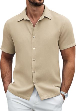 Coofandy Herren Kurzarm Hemd Sommer Freizeithemd Casual Waffelhemd Textured Hemden Basic Shirt Strandhemd Hellkaffee XXL