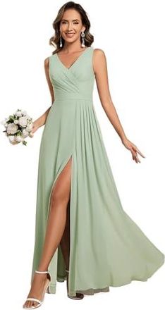 Ever-pretty Robe de Demoiselle dHonneur sans Manches Col en V Fente Latérale Robes de Soirée Femme Longue Verte Menthe XS