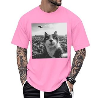 Generic T-shirts surdimensionnés pour homme | Col rond imprimé chat - T-shirts graphiques en coton à manches courtes | Hauts basiques dété | pour lécole, rose