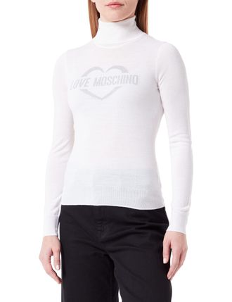 Love Moschino Slim fit Turtleneck Pullover in Wool Blend, 14 Gauge, with Heart Jacquard Intarsia on The Front