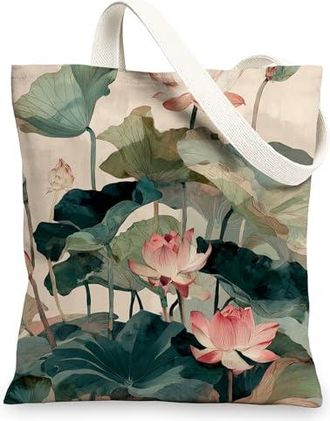 Generic Sacs fourre-tout en toile artistique, motif floral élégant nénuphar, sacs dépicerie réutilisables, légers et lavables avec bandoulière, pêche, 13x15 I