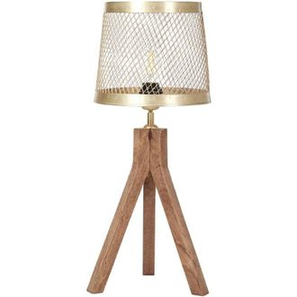 Beliani Tischlampe Messing und Dunkelbraun Mango-Holz mit Rundem Schirm Metall Trommelform Dreibein Kabel mit Schalter Gitter-Design Schlafzimmer Deko