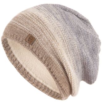Faera Mütze Damen Wintermütze Mehrfarbig warm gefüttert Fleece-Futter Winter Herbst Strickmütze Beanie Haube Mädchen 57, Farbe:Beige