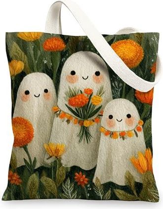 Generic Jolis sacs à provisions en toile avec motif fantôme, sacs de courses réutilisables, légers et lavables avec bandoulière, coloris assortis, 13x15 Inch