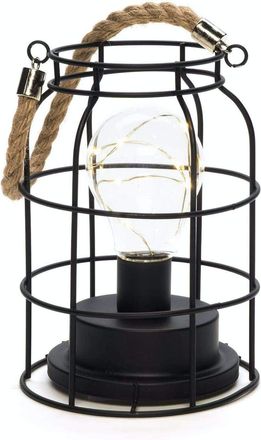 Konstsmide Round Lantern with LED Micro Lights / Rope Handle / 6 Hour Timer / 3 x AA Batteries (Excl.) / 9 Warm White LEDs String Lights schwarz, Rund