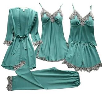 Generic YUJIEBB Ensemble de pyjama 5 pi&egrave;ces en satin pour femme en dentelle patchwork bril v&ecirc;tements de nuit de mariage rayonne v&ecirc;tements de nuit et robe de n