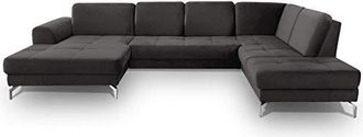 Cavadore Wohnlandschaft Benda / Große Sofagarnitur mit XL-Longchair links & Federkern / Inkl. Sitztiefenverstellung / 332 x 87 x 226 / Samt: Grau