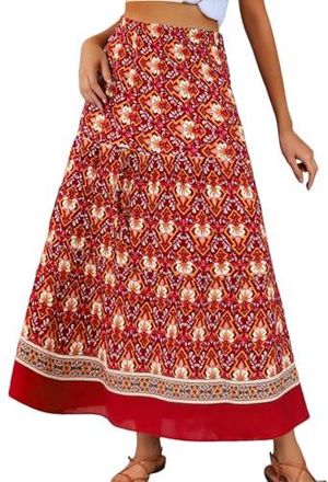 Generic Robe boh&egrave;me 2026 pour femme, jupe longue &agrave; imprim&eacute; floral avec ourlet fluide, taille &eacute;lastique, tenue d&eacute;contract&eacute;e, Rouge, 3XL