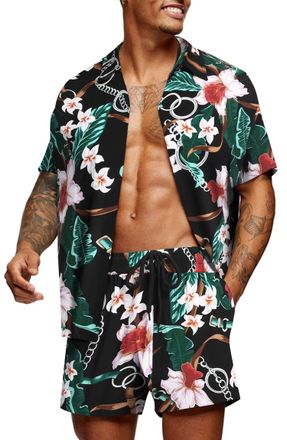 Coofandy Herren Hemd Hawaii Kurzarm Hemd Blumen Sommeremd un Shorts Floral Shirt Strandhemd Set S