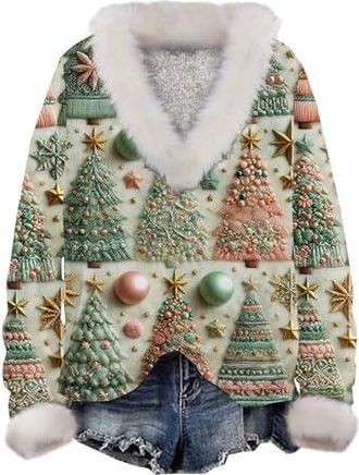 Generic Sweat-shirt de Noël à manches longues pour femme sur le thème de Noël | Confortable et doux avec col en fourrure | Costume de fête décontracté parfait