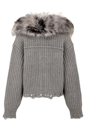 Blumarine Womens Cardigan With Fur Collar, Grey Wool Cardigans Sweater