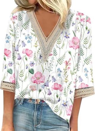 Minetom T-Shirt Femme Manche 3/4 Col V Tee Shirt Été Dentelle Blouse Tunique Élégant Chemise Casual Imprimé Chemisier Haut Tops B Blanc 6 XL