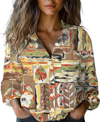 Generico Chemise Femme D&eacute;contract&eacute;e &agrave; Manches Longues T Shirt Coton Et Lin &Eacute;l&eacute;gant Grande Taille Chemises Col en V Mode Blouse Vintage Imprim&eacute; avec Boutons Dou