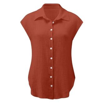 Generic Haut en lin pour femme 2026 d&eacute;contract&eacute;, couleur unie, respirant, boutonn&eacute;, chemisiers amples &agrave; manches courtes, tunique de travail, marron, XXL