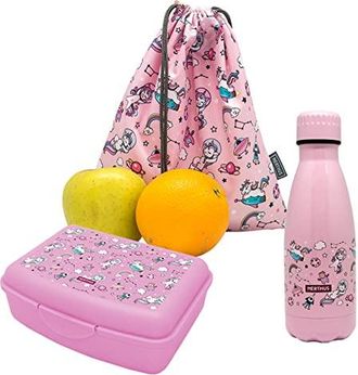 Nerthus Kitchenware FIH 1023 Doppelwandige Flasche aus Edelstahl, Lunchbox + Rucksack mit Einhörnern