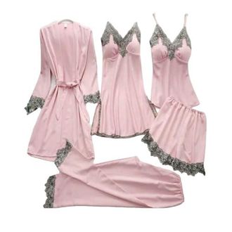 Generic YUJIEBB Ensemble de pyjama 5 pi&egrave;ces en satin pour femme en dentelle patchwork bril v&ecirc;tements de nuit de mariage rayonne v&ecirc;tements de nuit et robe de n