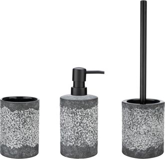WENKO Bad-Accessoire Set Anfo Grau, 3-teilig, Bad Rundum-Set aus 390 ml Seifenspender, Zahnputzbecher und WC-Garnitur, Keramik/Edelstahl, Grau