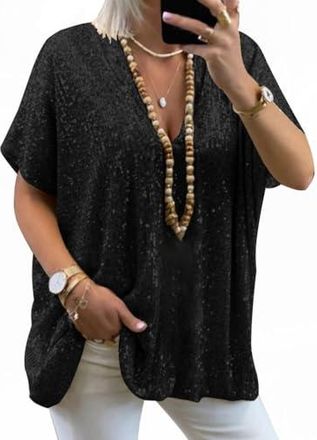 Minetom Femmes T-Shirt Manche Courte Col V Chemisier Haut Lâche Oversize Blouse Paillettes Brillantes Tops Tee Shirt A1 Noir 3XL