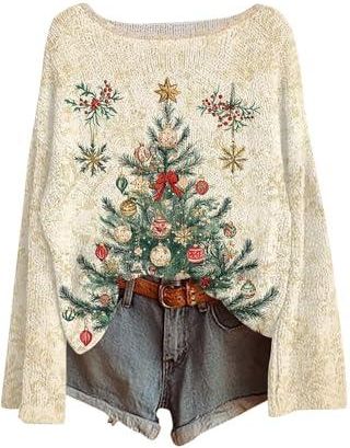 Generic Pull tricoté en tricot pour femme avec motif sapin de Noël, renne festif, léger, confortable et doux, blanc, 3XL