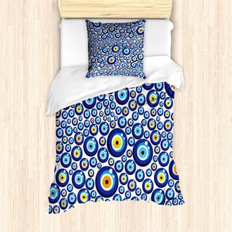 Abakuhaus Evil Eye Bettbezug Set für Einzelbetten, Turkish Traditional, Milbensicher Allergiker geeignet mit Kissenbezug,Blau Orange Gelb
