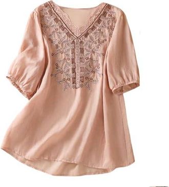Generic Haut en lin pour femme tendance d&eacute;contract&eacute; col en V vintage broderie florale imprim&eacute; chemises chinoises d&eacute;t&eacute; boh&egrave;me hauts confortables pour femme, ro