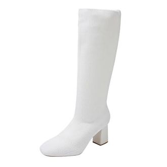 Generic Bottes mi-mollet en tricot extensible pour femme - &Eacute;l&eacute;gantes - Couleur unie - Respirantes - Talon &eacute;pais - Confortables - Chaudes - &Agrave; enfiler, blanc, 3